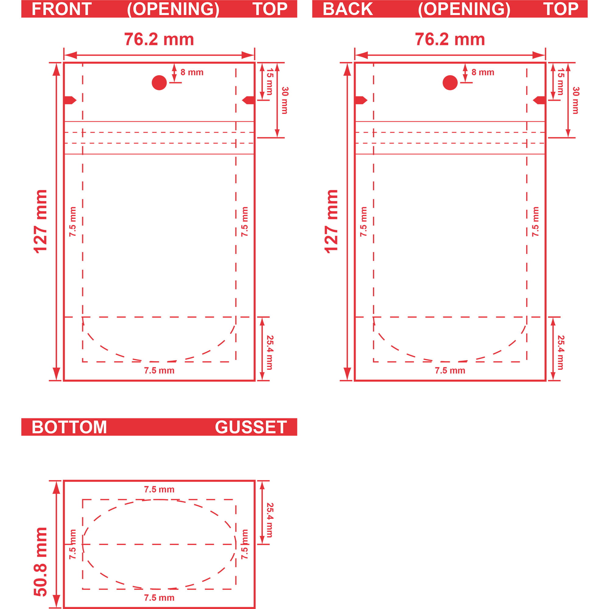 Custom Printed Stand Up Pouch 3x5x2 Dieline - CarePac