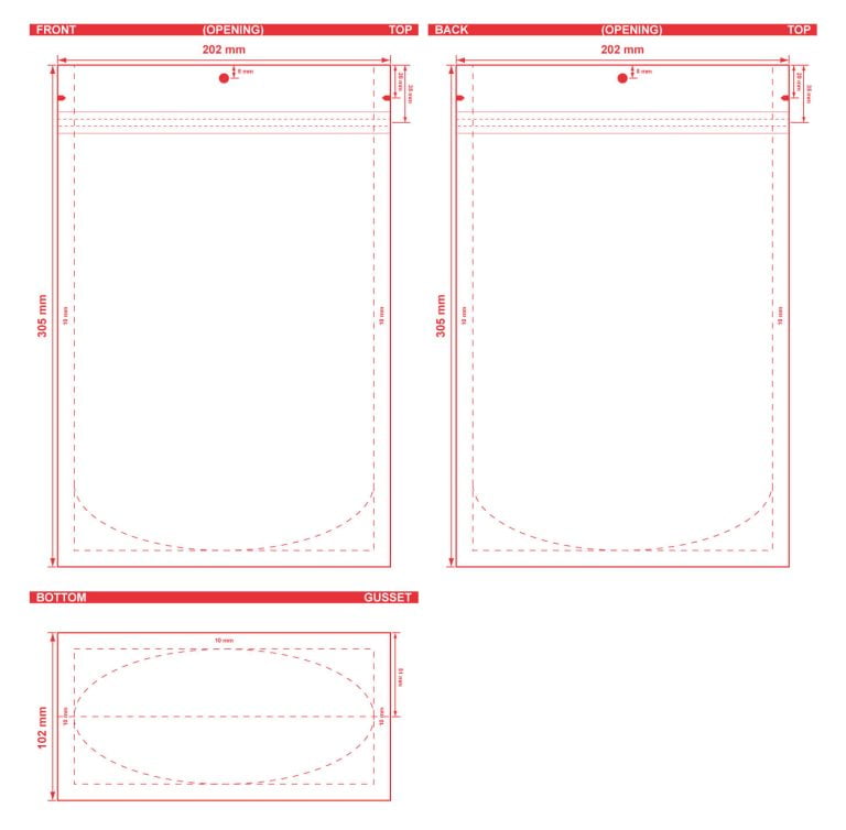 Custom Printed Stand Up Pouch 8x12x4 Dieline - CarePac